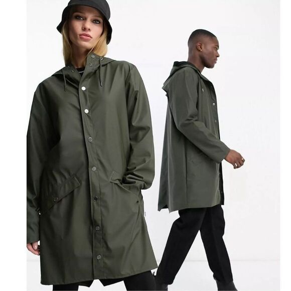 Rains | Jackets & Coats | Rainslong Jacket Hooded Evergreen Waterproof ...